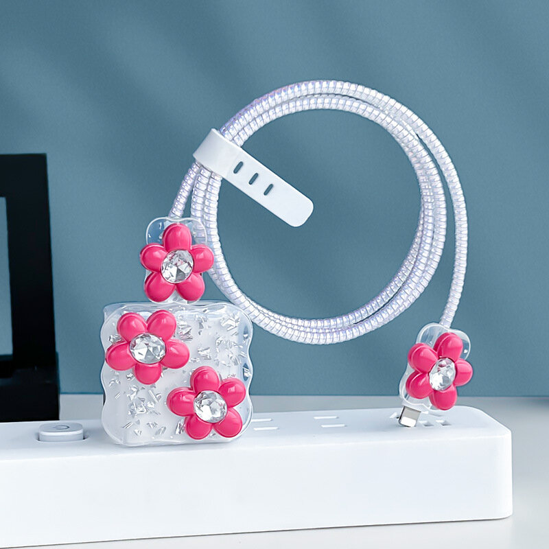 Чехол Hyun Yue, для зарядного устройства Apple, защита от падения, прозрачный, красный цветок