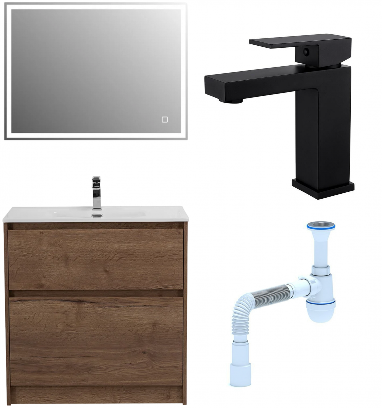 Комплект: Мебель для ванной BelBagno Kraft + Смеситель для раковины Haiba HB10803-7, черный + Сифон АниПласт 533342 + SNPHB10803-7 + C2015xrv