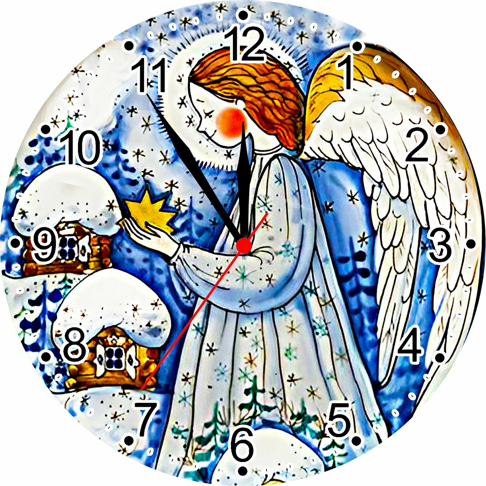 Ангел Хранитель дома и семьи, Часы Оберег Рождественские Новогодние из древесины прессованной (МДФ) D - 27 см, толщина 5 мм, Настенные и Настольные, с подставкой Уникальные Авторские бесшумные