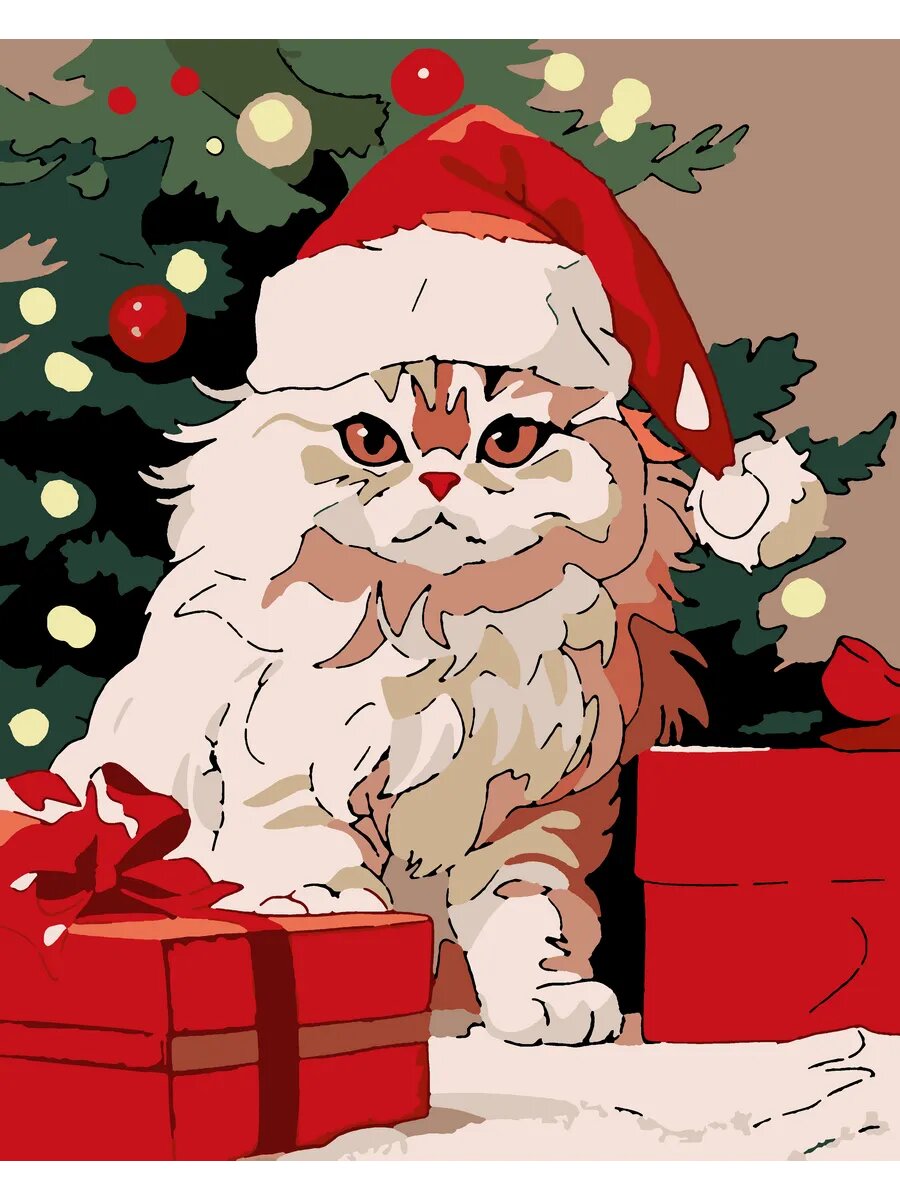 Картина Тут рисуют "Кот и елка", 40x50 см, холст на подрамнике, 24 цвета