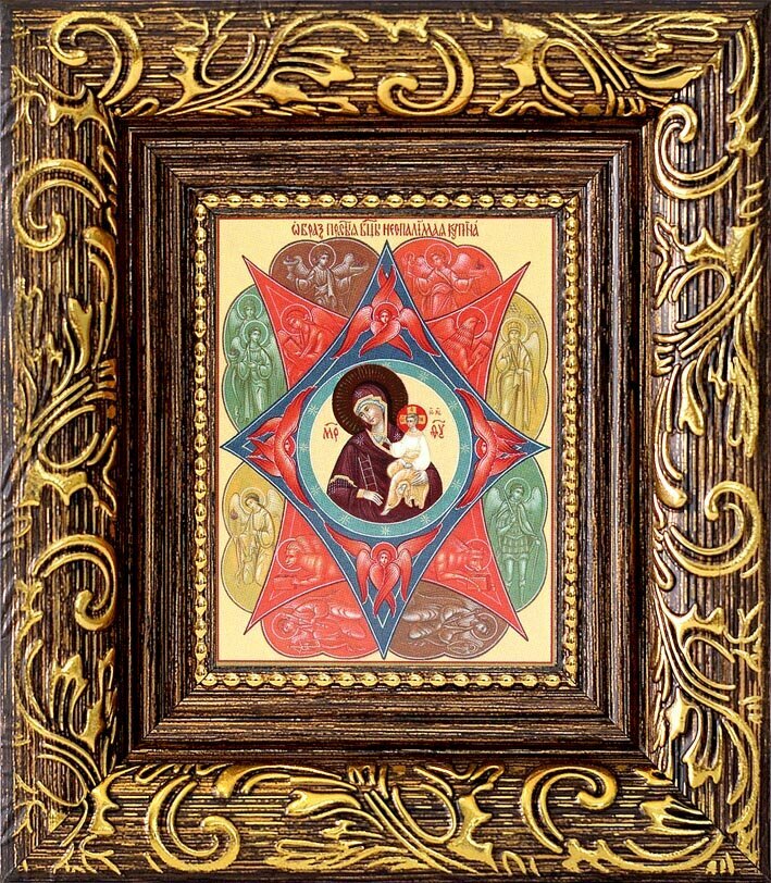 Икона Божией Матери "Неопалимая Купина" (лик № 020), в широкой темной пластиковой рамке 10,5*12 см