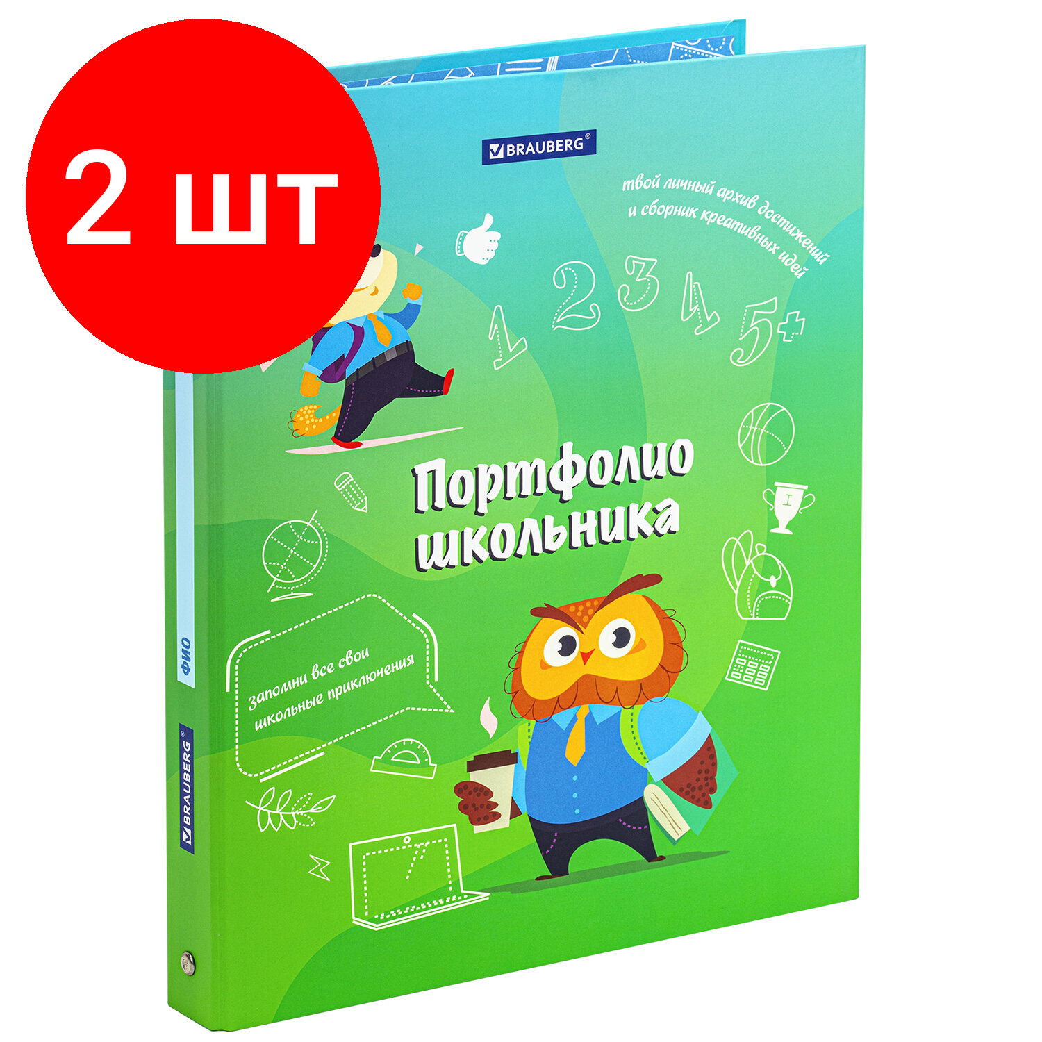 Комплект 2 шт, Папка-портфолио школьника "отличник", 4 кольца, 20 файлов, 10 вкладышей, 7БЦ матовая, BRAUBERG, 115240