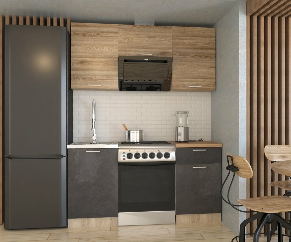 Кухонный прямой гарнитур Лофт, 1600 мм, рустик натуральный/бетон темный