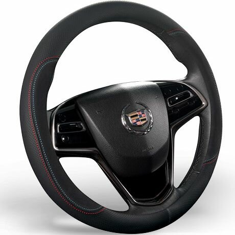 Оплетка, чехол (накидка) на руль Ленд Ровер Рендж Ровер (2005 - 2009) внедорожник 5 дверей / Land Rover Range Rover, Экокожа, Черный с красной и синей строчкой