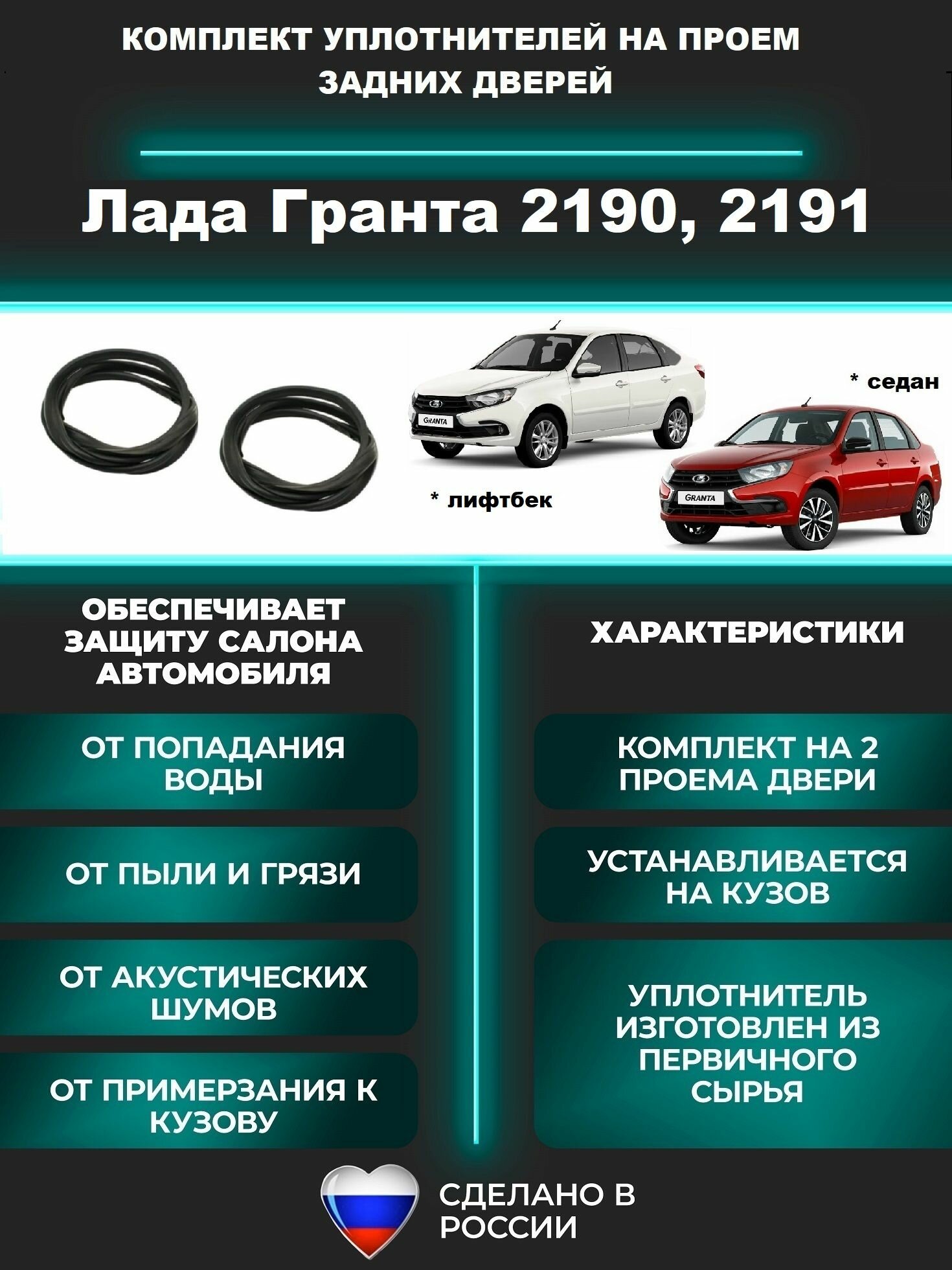 Комплект уплотнителей проемов задних дверей LADA (ВАЗ) Granta, Cross, Лада Гранта 2190, 2191, 2193 (стыкованный) на 2 двери (правую + левую)