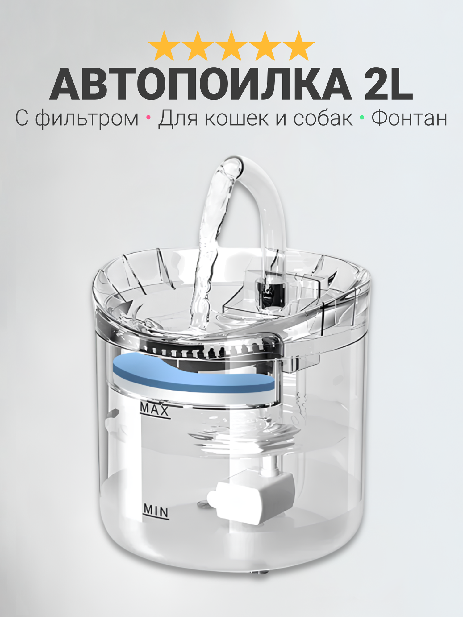Автопоилка для кошек с угольным фильтром HelloCat, 2 литра фонтанчик для кошечек, прозрачный