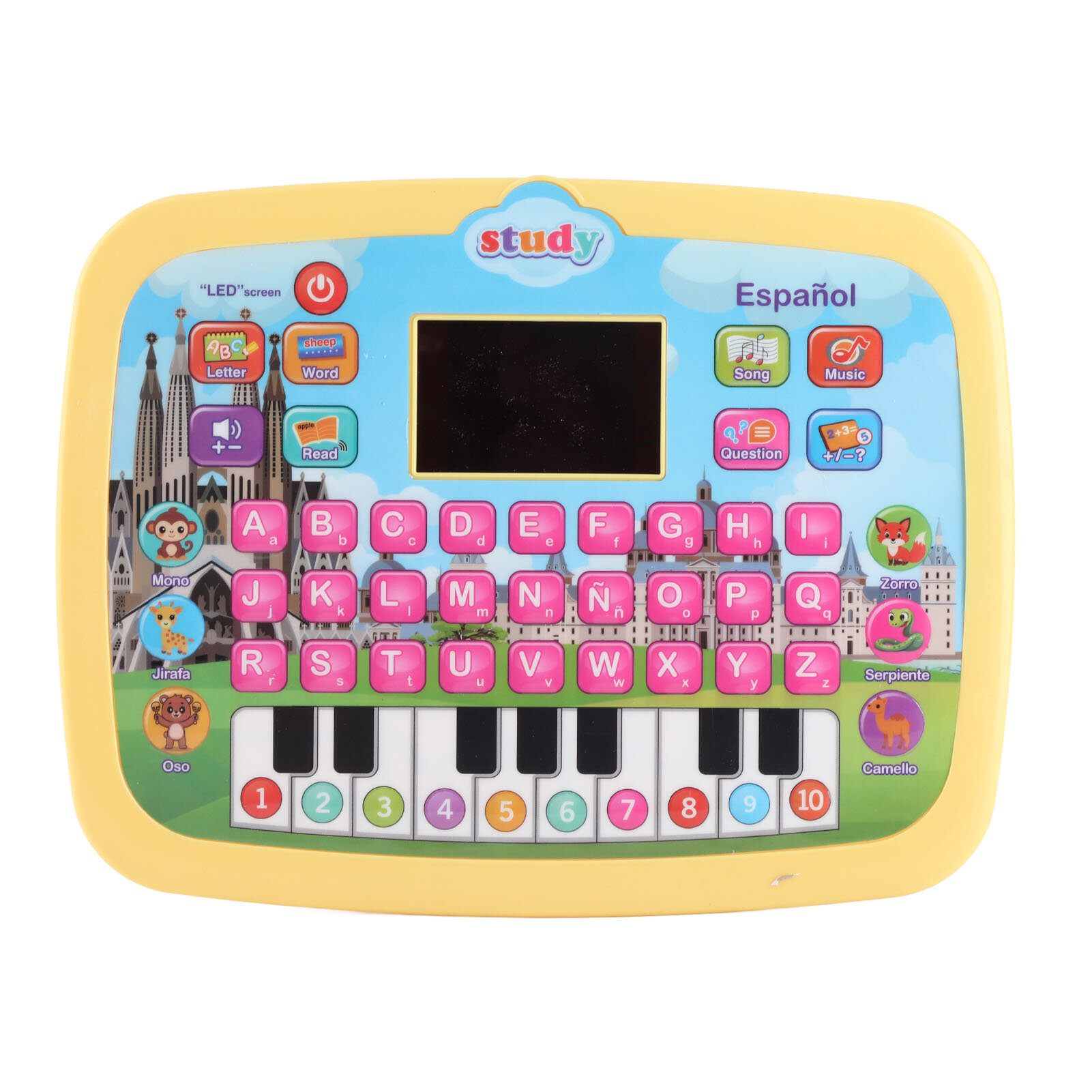 Увеличение испанского обучения таблетке для малышей раннее образование слова алфавит числа математика Электронная испанская игрушка обучения желтая