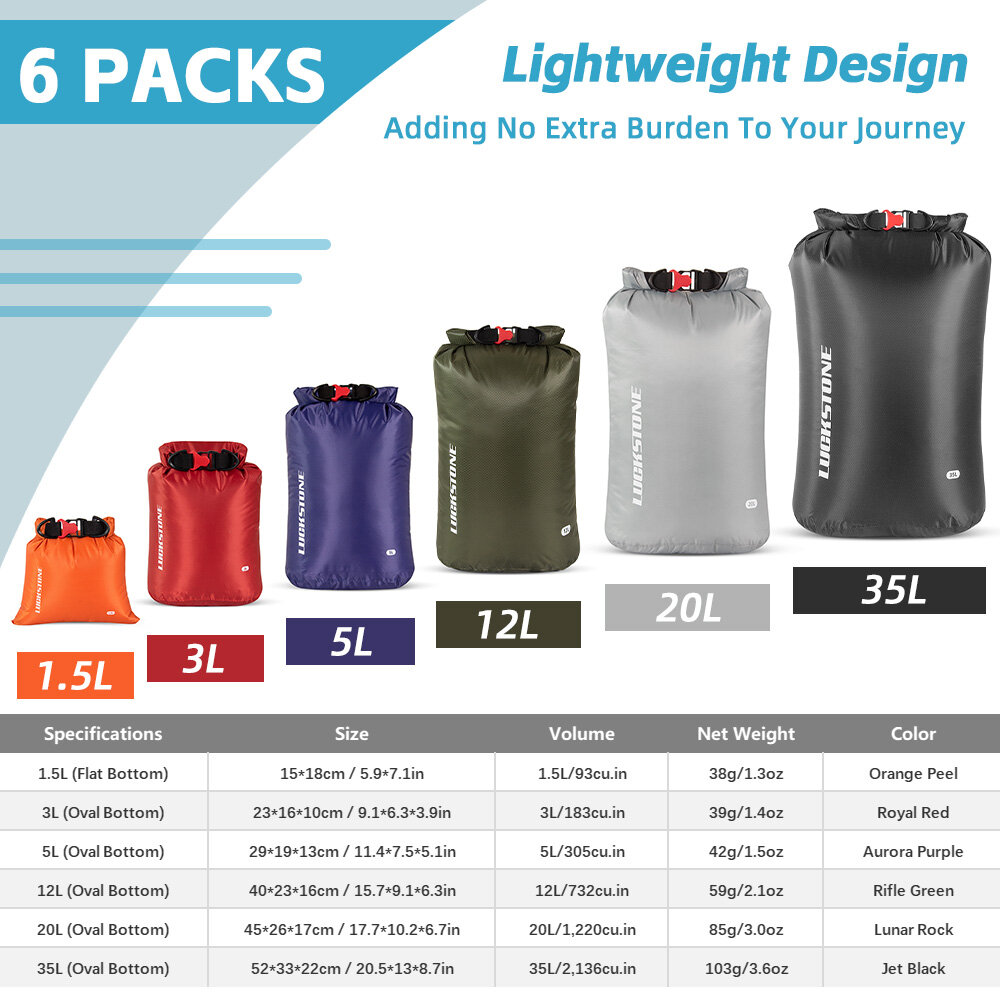 Комплект из 6 сверхлегких водонепроницаемых герметичных мешков из полиэстера 70D, устойчивых к разрывам, для кемпинга, пешего туризма, каякинга, лодочных путешествий