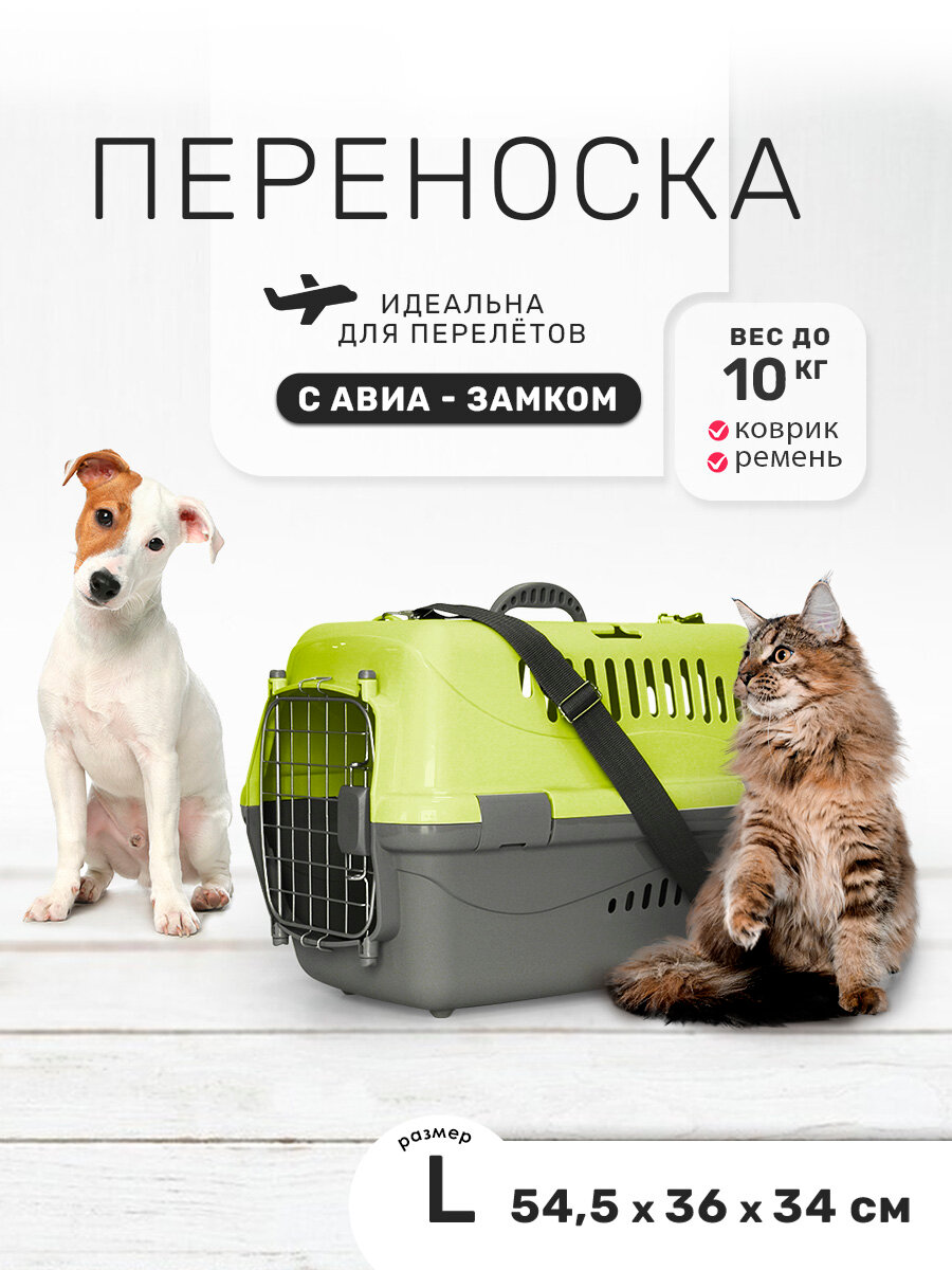Переноска ZOOexpress Турне Авиа для животных, металлическая дверца, коврик+ремень, 54,5х36х34 см (L), зеленый