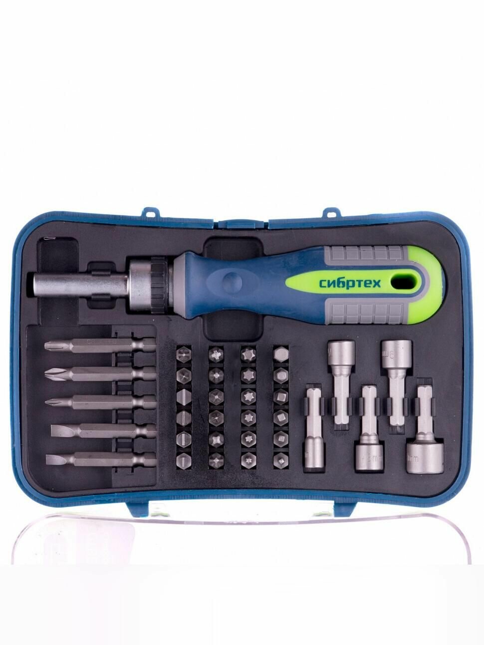 Отвертка реверсивная с набором бит и торцевыми головками, 35 шт, CrV Сибртех 13337