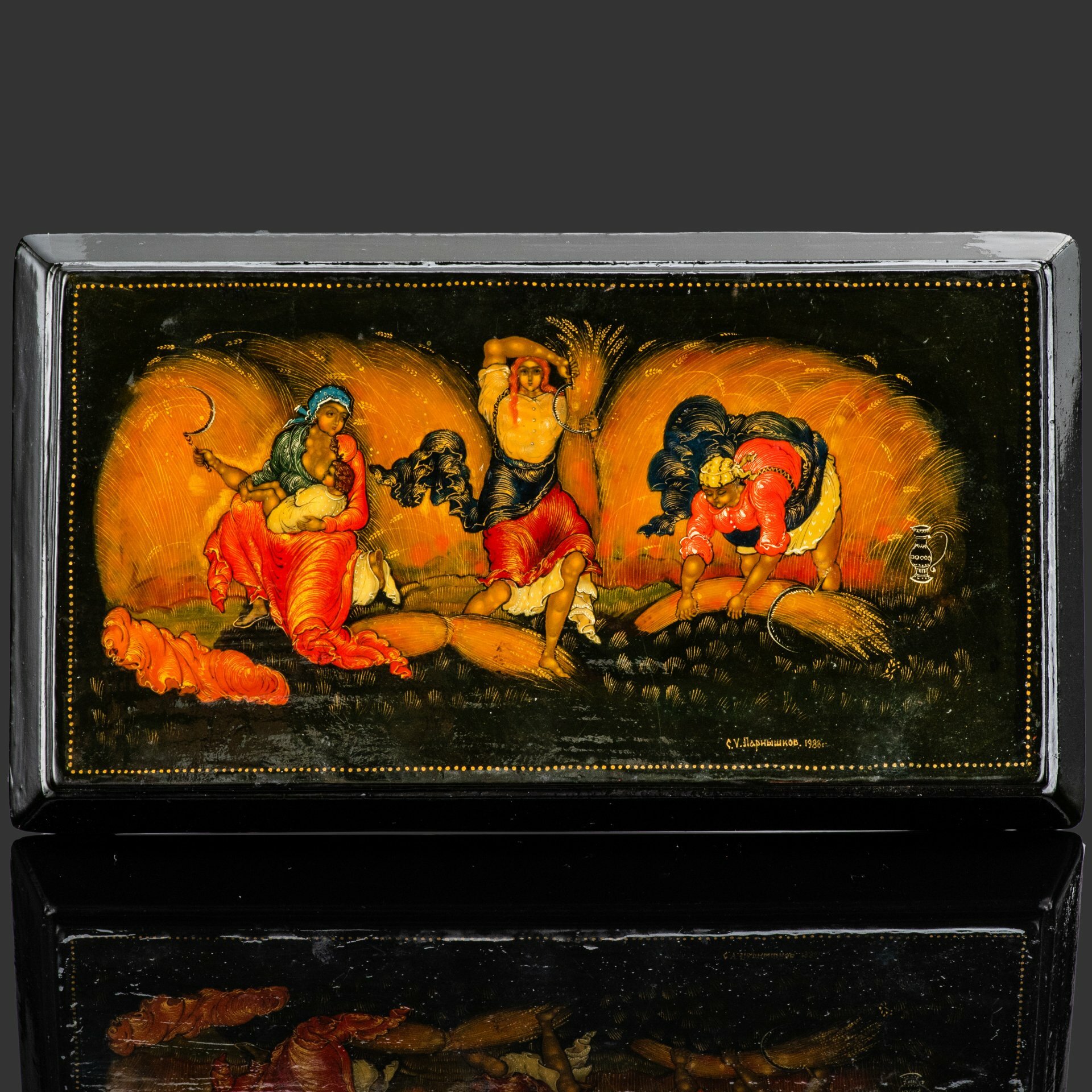 Пресс-папье "Жницы", художник С. У. Парнышков, папье-маше, роспись, золочение, лак