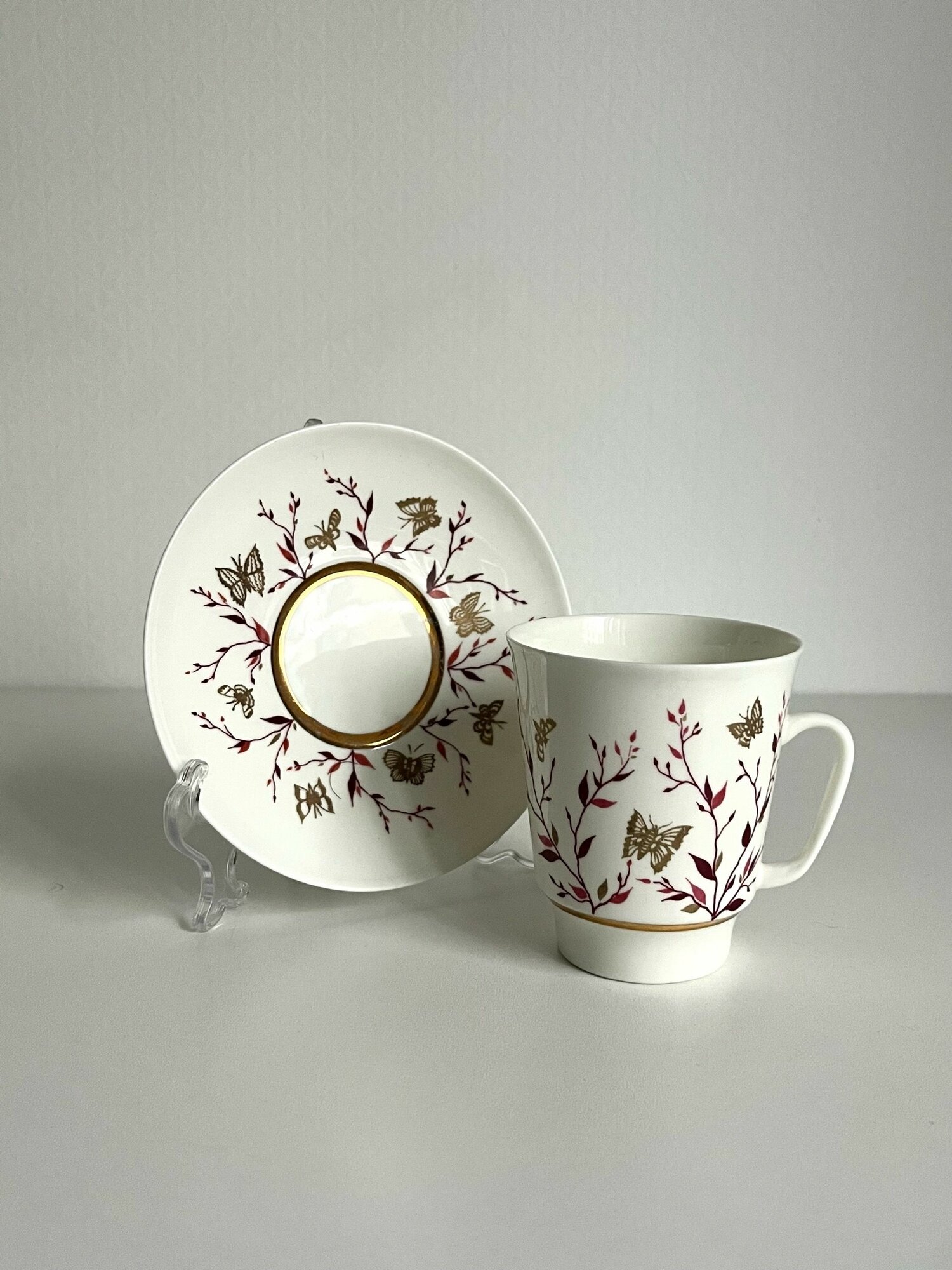 Кофейная пара "Бабочки на ветках" СССР. Костяной фарфор. ЛФЗ. Made in USSR. Импорт.