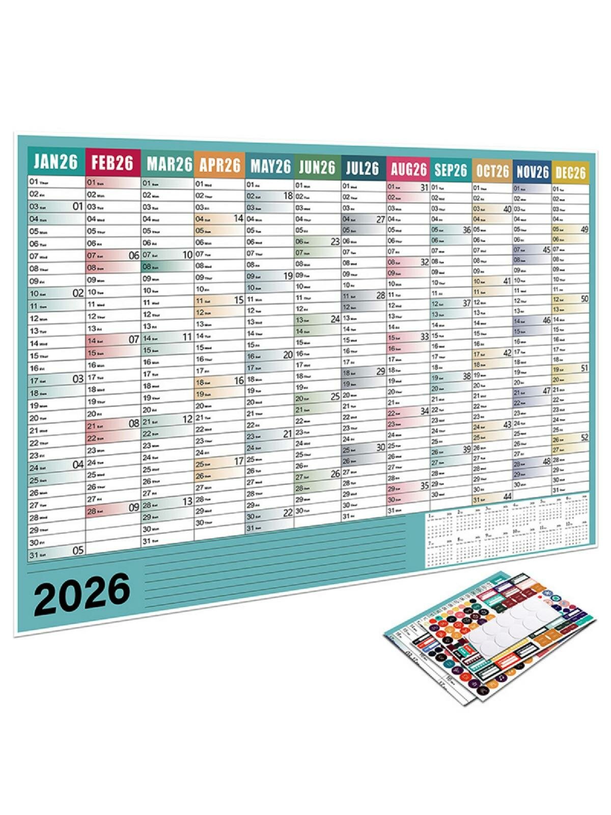 Годовой календарь Rainbow Designs на 2026 год для дома, офиса, школы, 10 многоразовых наклеек