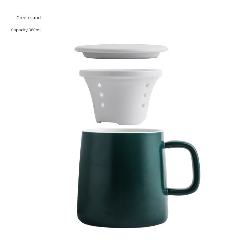 Зеленая простая керамическая чашка с чайным ситечком и крышкой без отверстий для заваривания чая, объем 300 мл