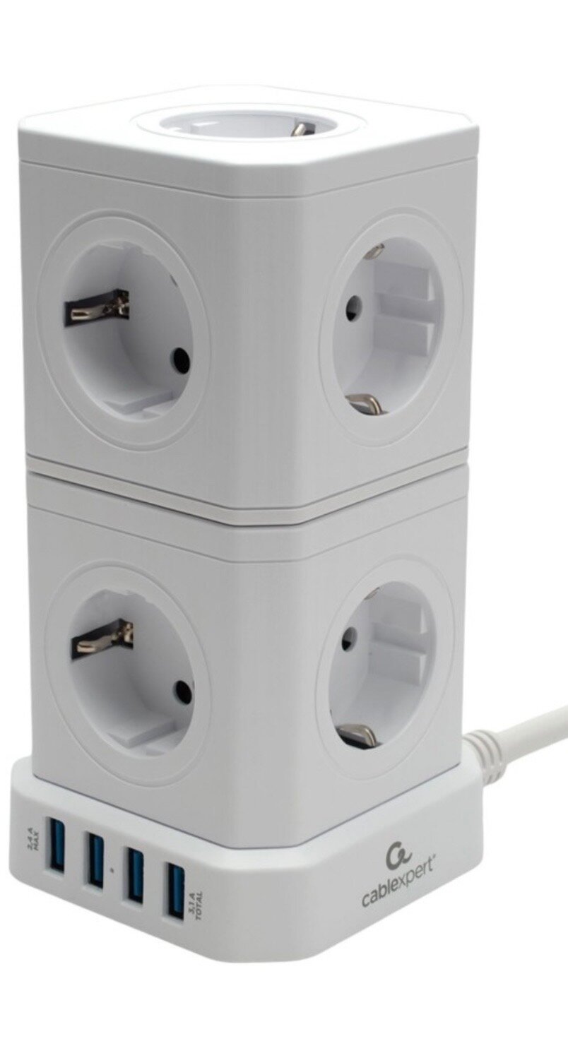 Cablexpert Tower Сетевой фильтр TWR-9-U4-W-4. 9 раз, 16А, 4xUSB, 3.1A, 2м, уровень защиты 4+ цвет белый