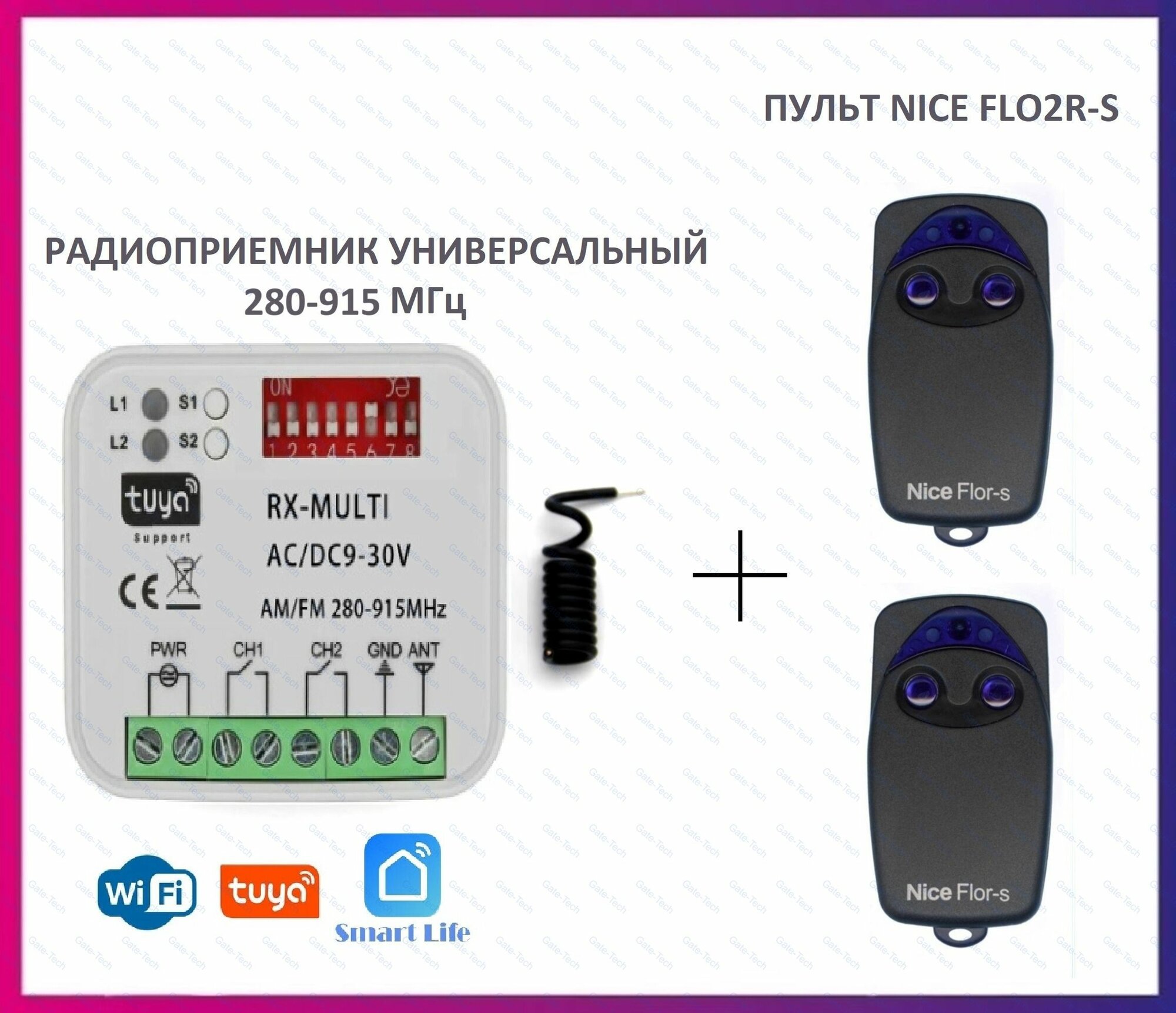Радиоприемник внешний универсальный 2-х канальный для ворот и шлагбаумов RX-MULTI Wi-Fi Tuya Smart 300-868MHz AC/DC9-30v (мультичастотный) + 2 пульта Nice FLO2R-S