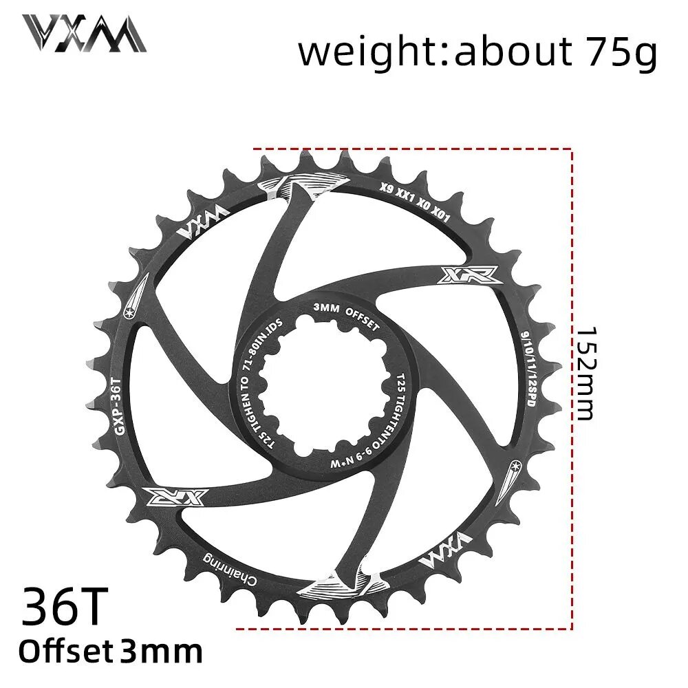 Звезда передняя Vxm Sram Direct Mount, 3mm offset 36T черная