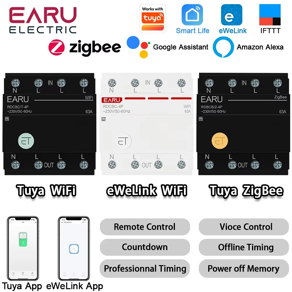 Автоматический выключатель Tuya WiFi 63A 3P+N с таймером