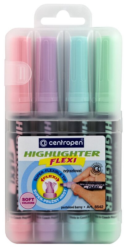 Комплект 8 шт, Набор текстовыделителей Centropen "Flexi 8542" 4 пастельных цвета, 1-5мм, гибкий пишущий узел, футляр