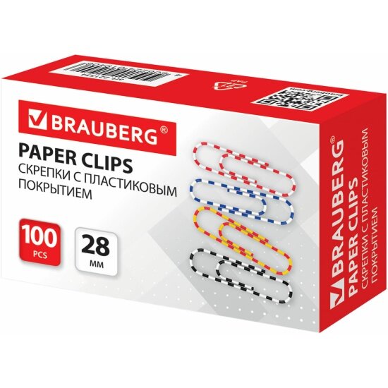 Скрепки Brauberg , 28 мм с цветными полосками, 100 шт, в картонной коробке, 221534