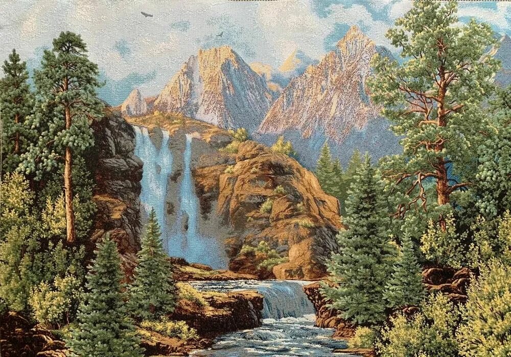 Панно гобеленовое на стену "Водопад у гор", 100х70 см / Гобелен