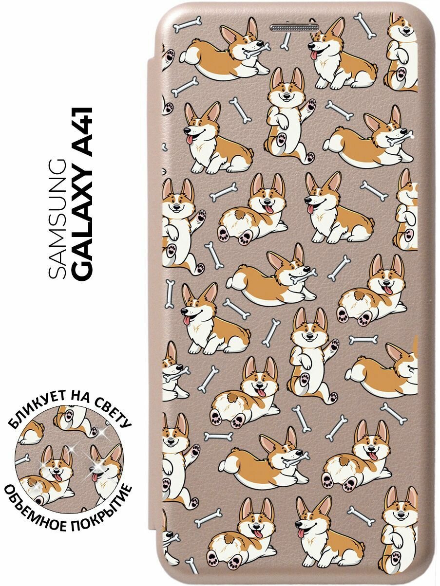 Чехол-книжка Corgi Pattern на Samsung Galaxy A41 / Самсунг А41 с 3D эффектом золотой