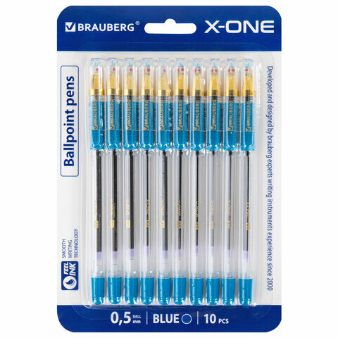 Ручки шариковые с грипом BRAUBERG "X-ONE", набор 10 штук, синие, корпус прозрачный, узел 0,5 мм, линия письма 0,35 мм, 143990