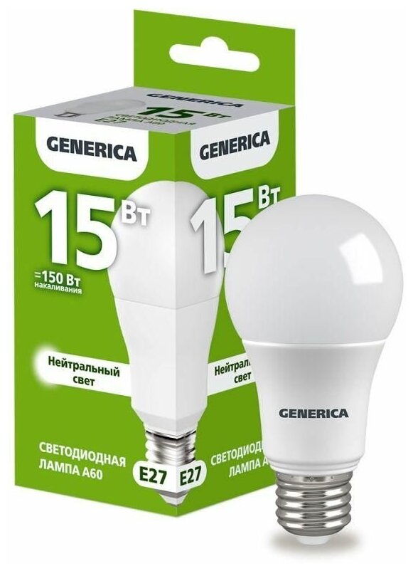 Лампа светодиодная A60 15Вт грушевидная 4000К E27 230В GENERICA LL-A60-15-230-40-E27-G