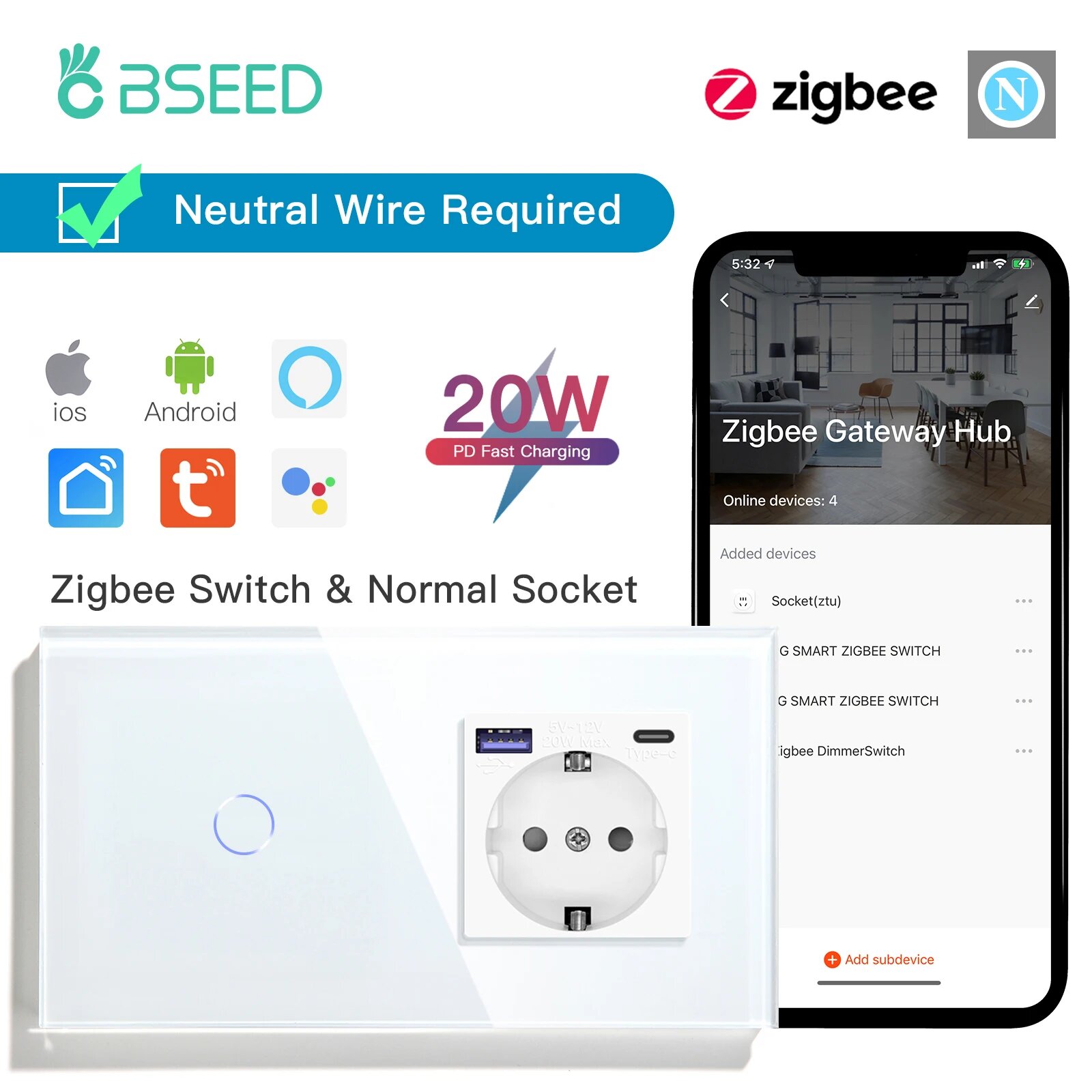 Сенсорные выключатели BSEED ZigBee 1/2/3 Gang 1Gang 20W Type-c