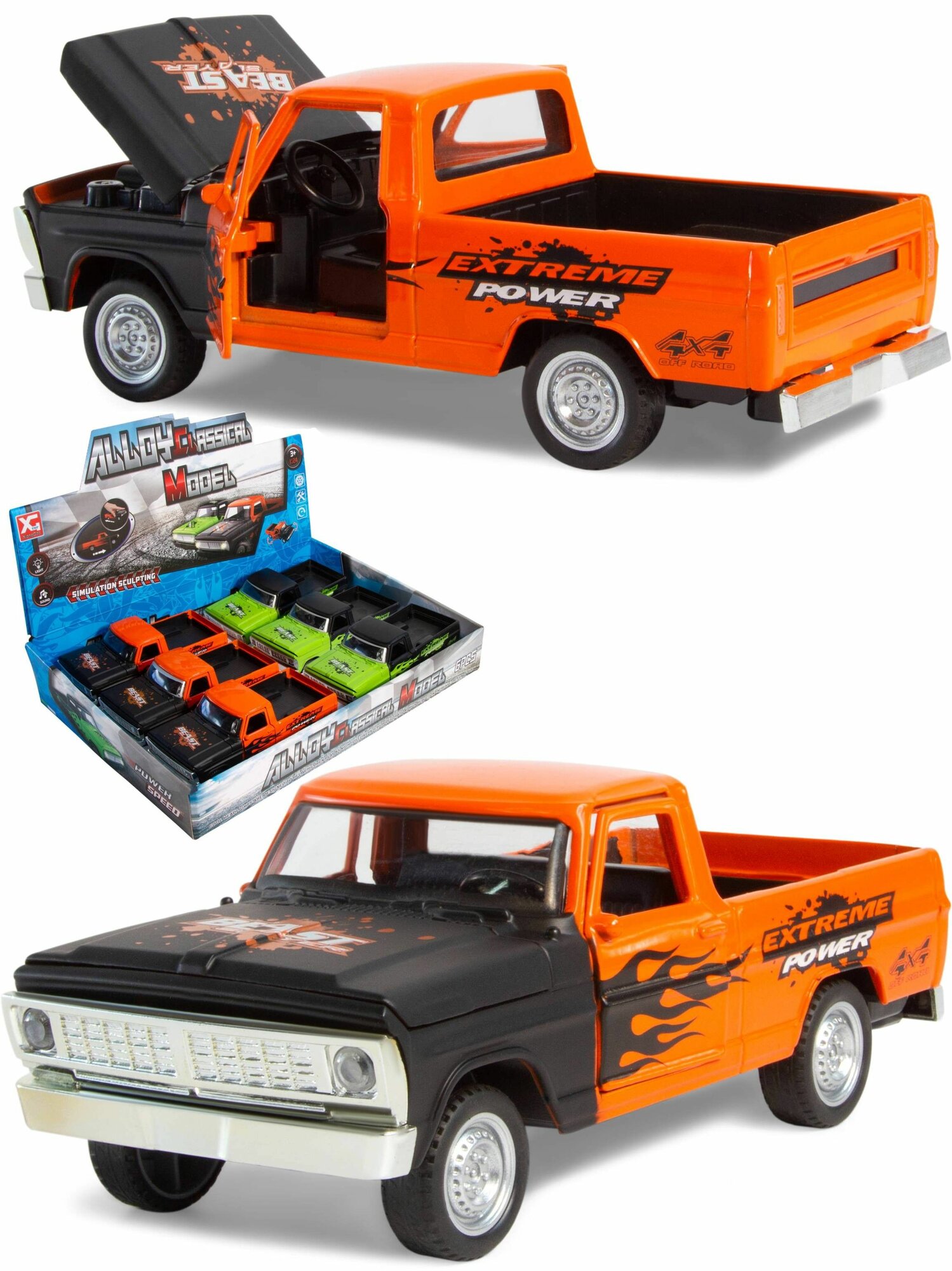 Металлическая машинка Пикап свет, звук, инерция / Черно-оранжевый