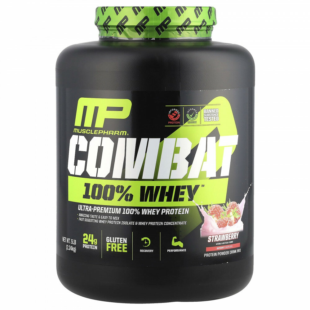 MusclePharm, Combat® 100% сывороточный протеин в порошке, со вкусом клубники, 2,24 кг (5 фунтов)
