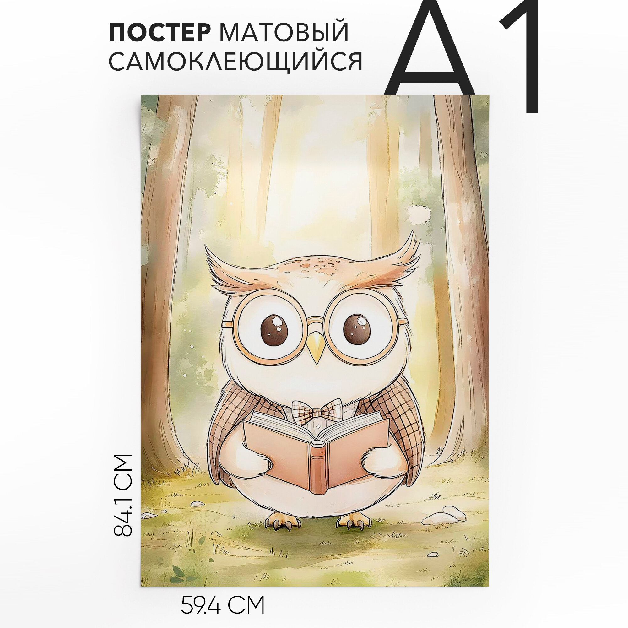 Постеры на стену самоклеящийся, большой A1 Сова, влагостойкий, для декора
