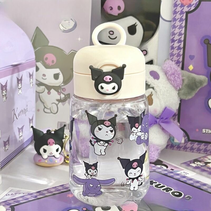 Бутылка для воды на 400 мл с персонажами аниме Kuromi, My Melody и Cinnamoroll из прочного пластика с крышкой-трубочкой