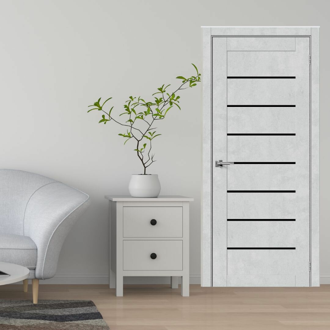 Межкомнатная дверь БВ 22 Снежный бето 800х2000 черное стекло (комплект)