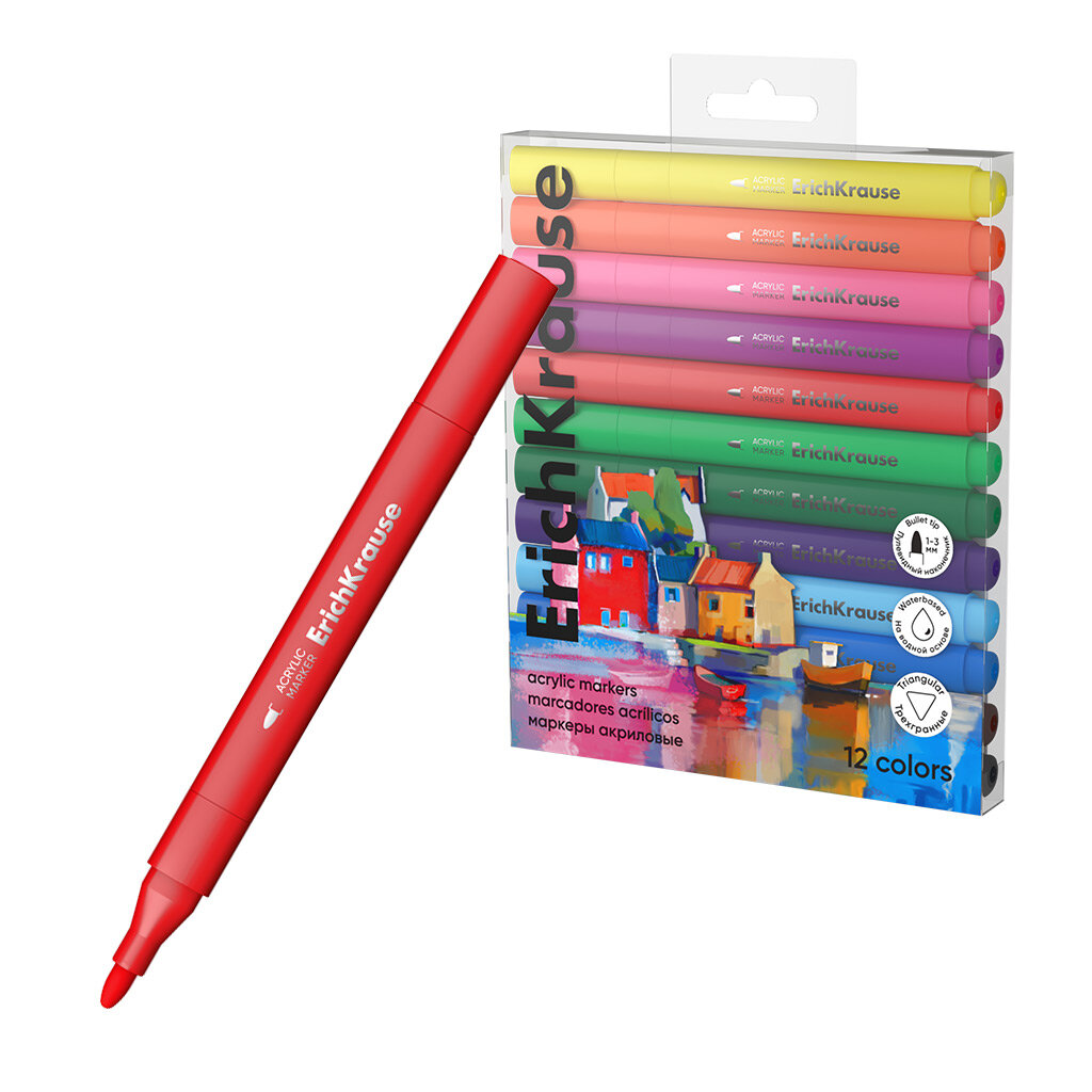 Маркер Art Spirit ERICH KRAUSE, акриловый, пулевидный наконечник, трехгранный корпус, 12 цв.