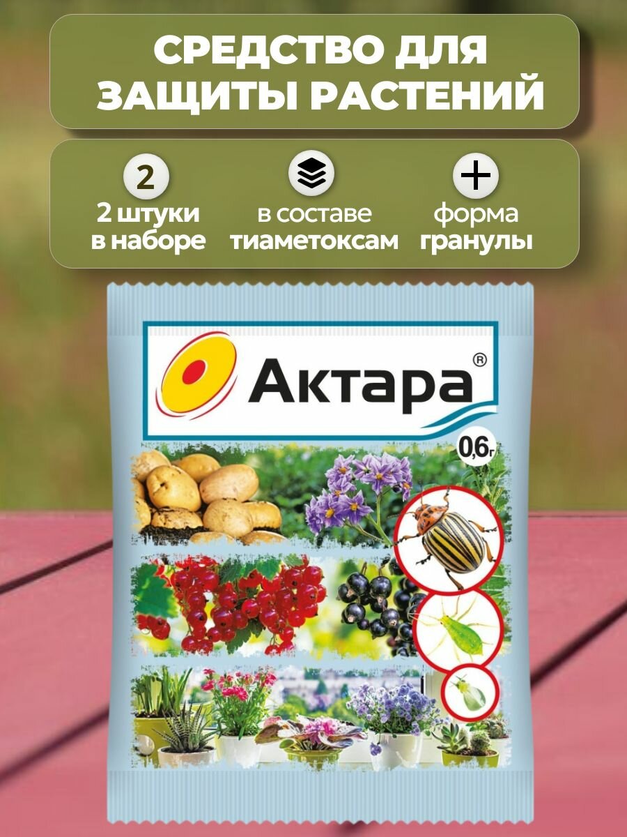 Средство для защиты растений от вредителей пестицид "Актара", 2 упаковки по 0,6 г. Концентрат тотального действия от колорадского жука, тли, белокрылки, трипса