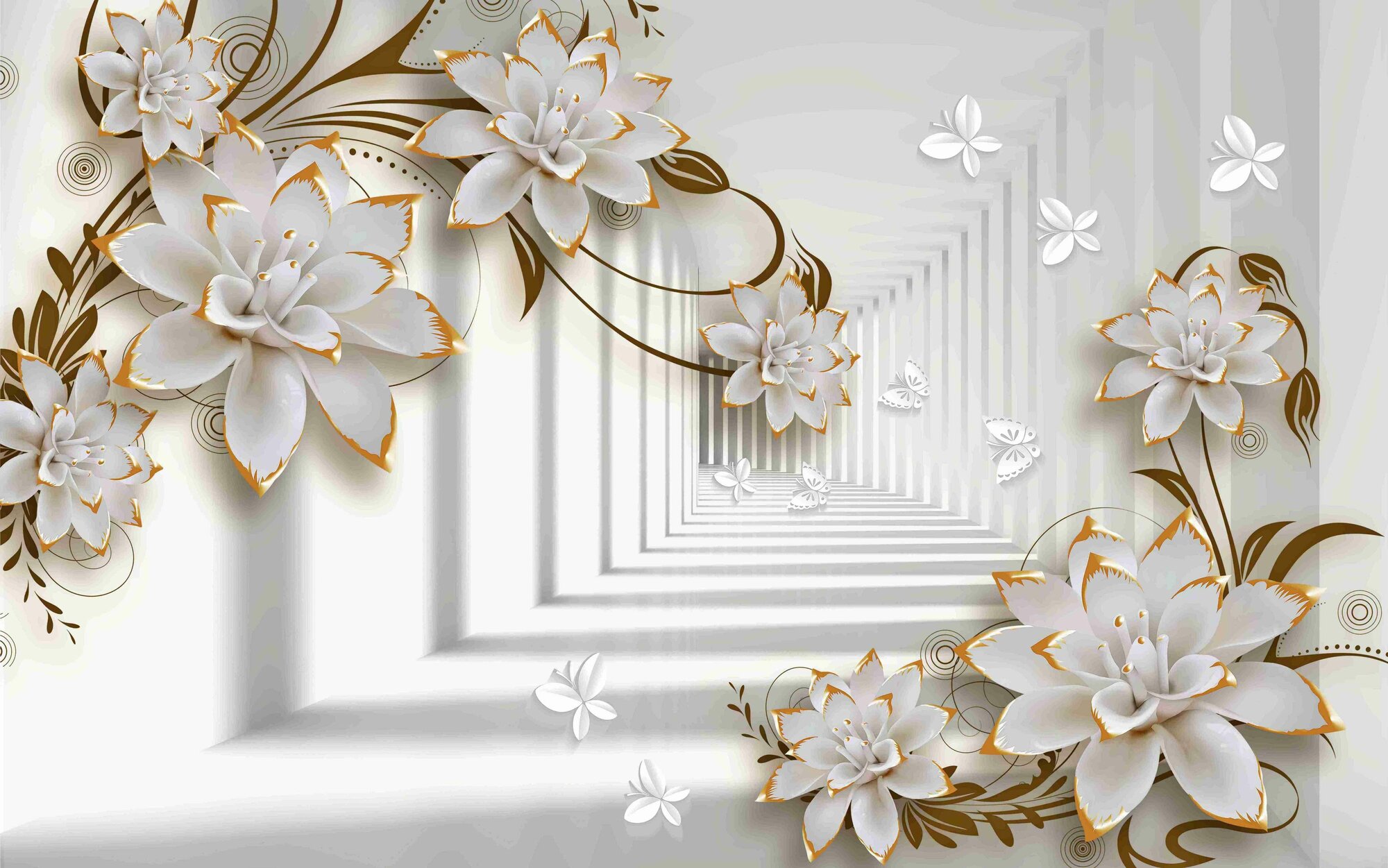 Фотообои на стену антивандальные 400х250см Тоннель и цветы 3D винил на флизелине