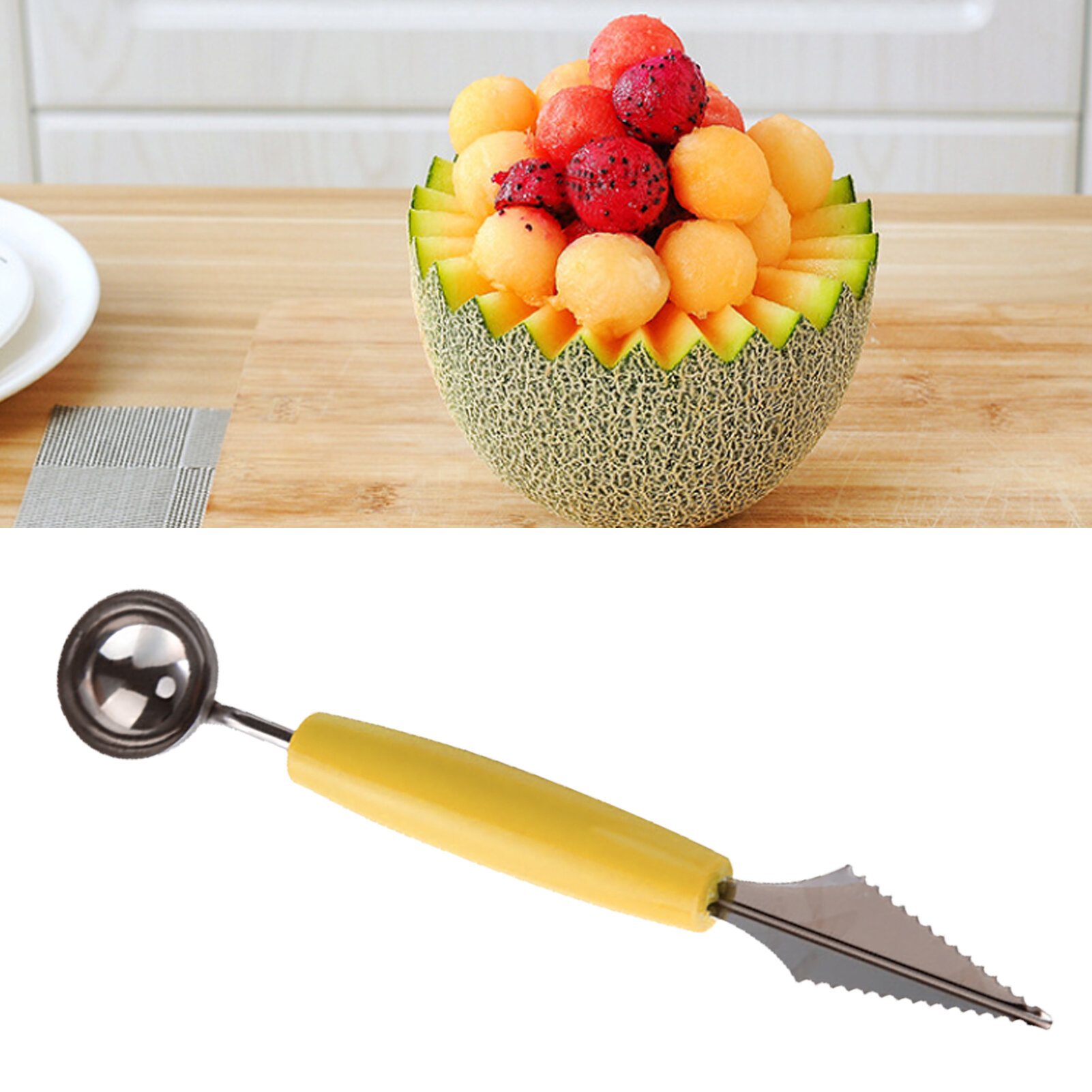 Ложка для выкапывания фруктов, желтая многофункциональная трудосберегающая двухголовая шариковая ложка для дыни из нержавеющей стали, совок для арбузного фруктового ассорти