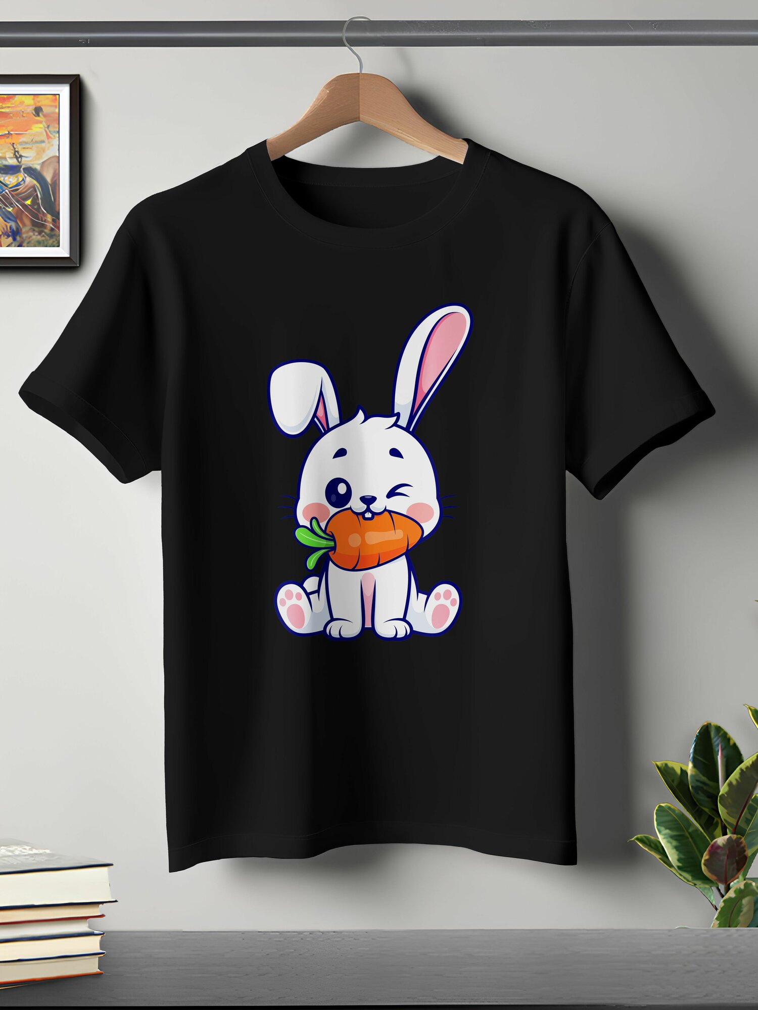 Футболка ONEQ унисекс 40-42 (XXS) размер с принтом Заяц, черная