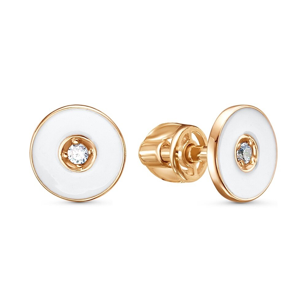 Серьги пусеты, красное золото, 585 проба, эмаль, фианит