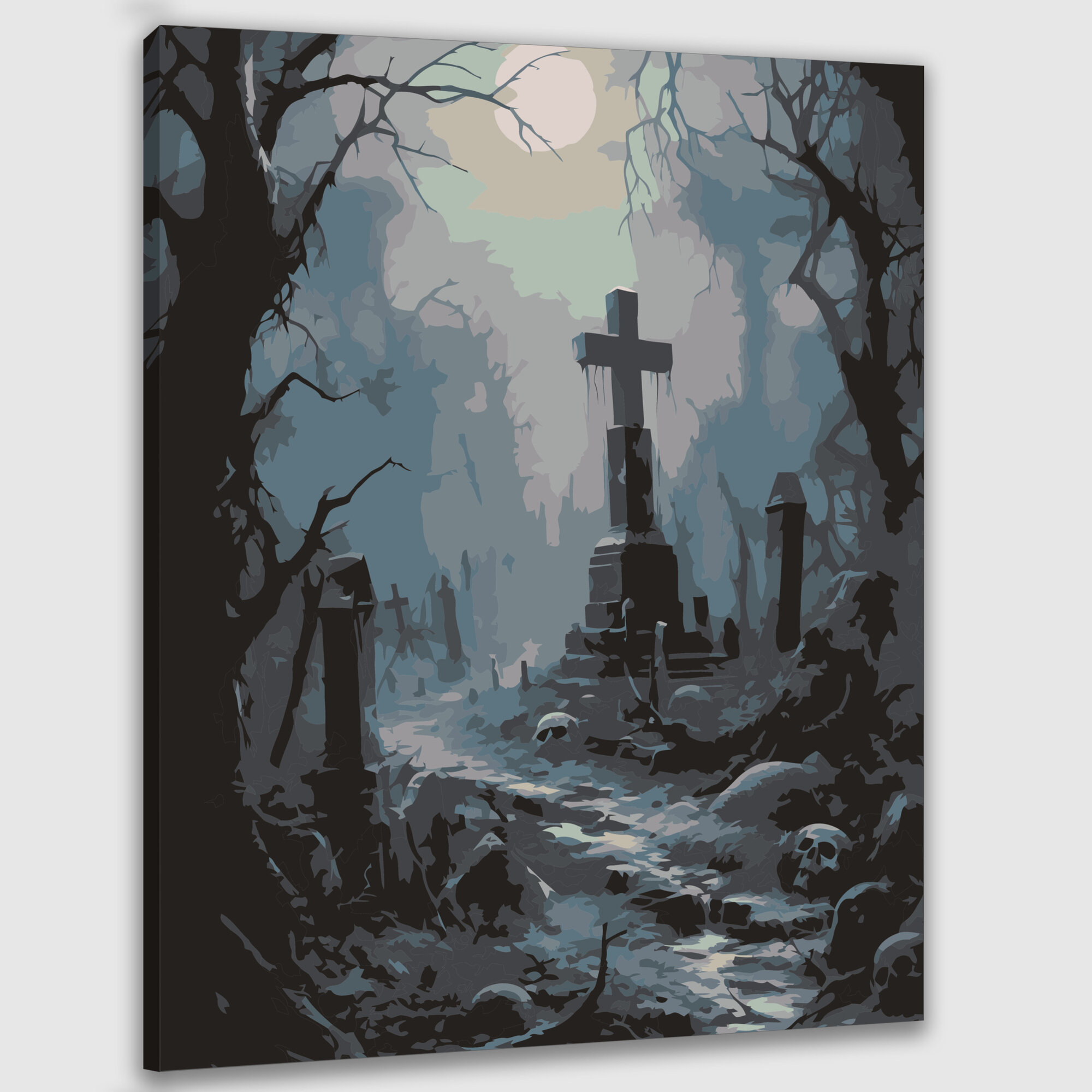 Картина по номерам 40x50 см, картина, масло, лунный свет, кладбище, туман, сияние, деревья, ветви, надгробные плиты