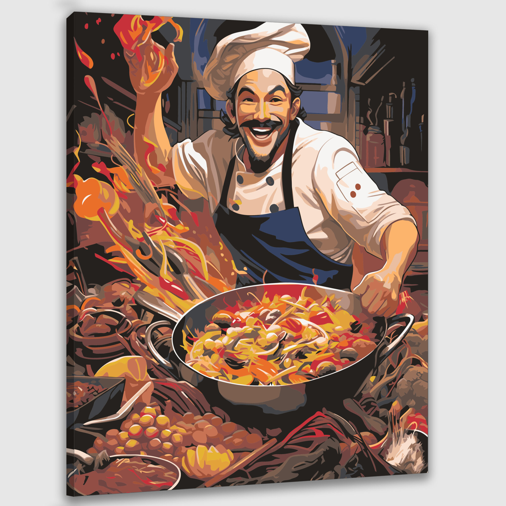 Картина по номерам 40x50 см, шеф-повар, кухня, ингредиенты, детализированная иллюстра, цифровая, игривая сцена, вок