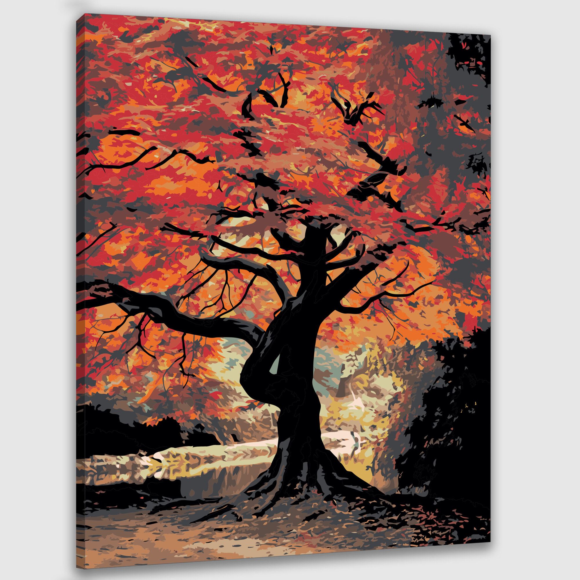 Картина по номерам 40x50 см, картина, фотография, дерево, Ветвь судьбы, лес, ветви, листья, красный, оранжевый, желтый