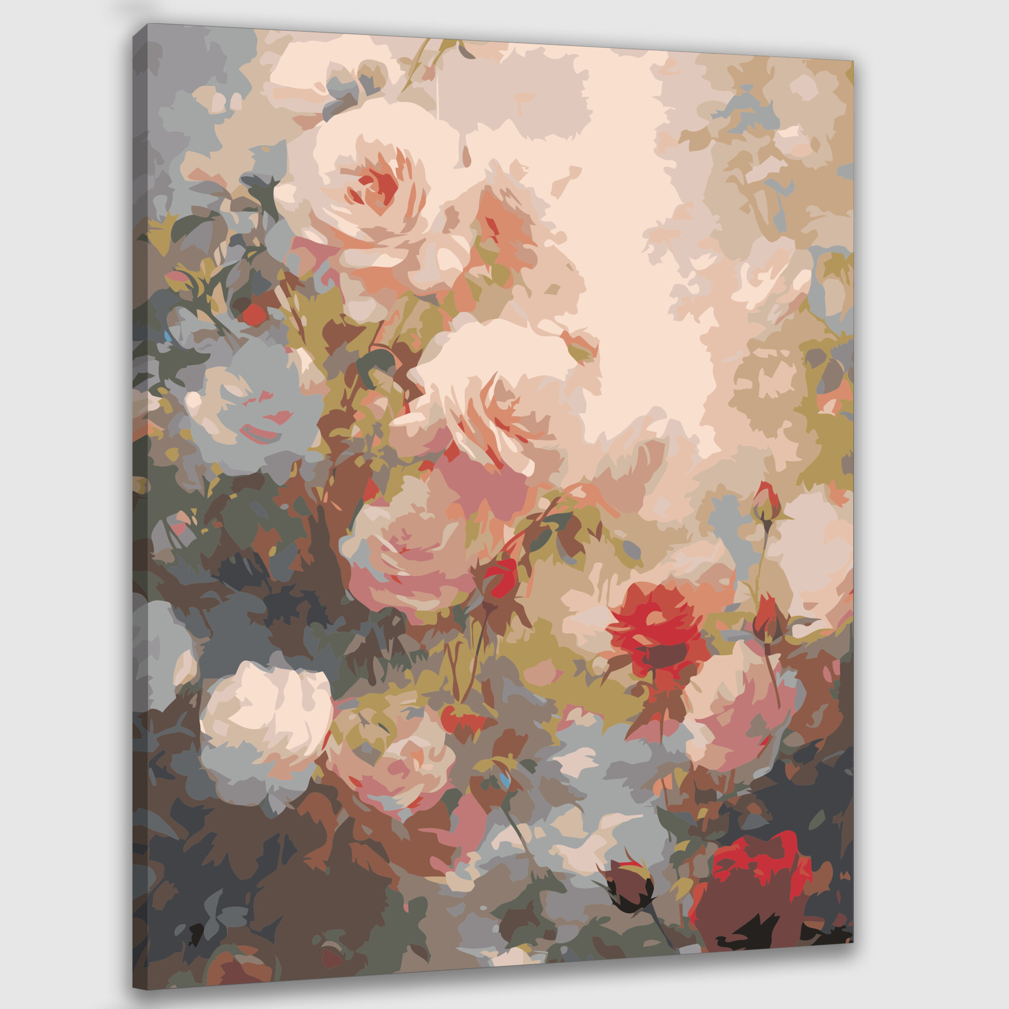 Картина по номерам 40x50 см, розарий, розы, цветущие, красный, розовый, белый, зеленая листва, плющ, сияние, танцующие