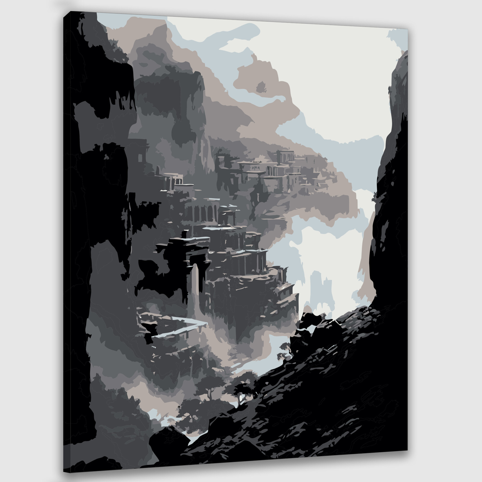 Картина по номерам 40x50 см, черно-белая фотография, Дельфы, горы, туман, безвременье, мистическая аура