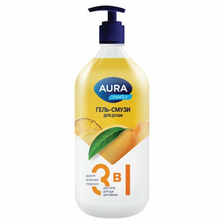 Гель-смузи для душа 3 в 1 для тела, рук и ванны 1 л, AURA FAMILY "Дыня, ананас, персик", дозатор, 14950