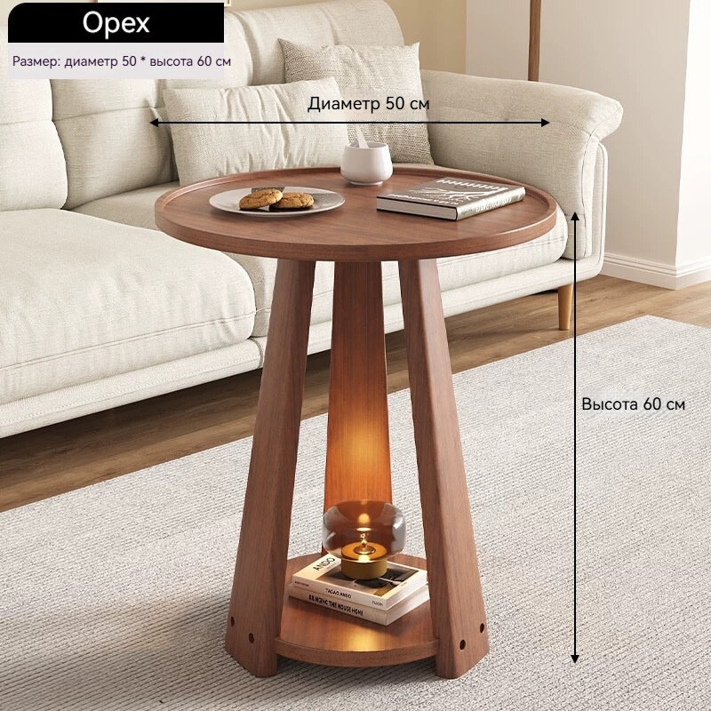 Двухъярусный боковой столик из натурального дерева, размеры 50×50×60 см, цвет ореха