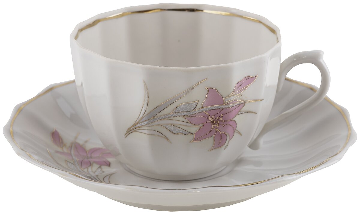Чайная пара "Розовая лилия", фарфор, винтаж, Вербилки, СССР, 1965-1991 гг.