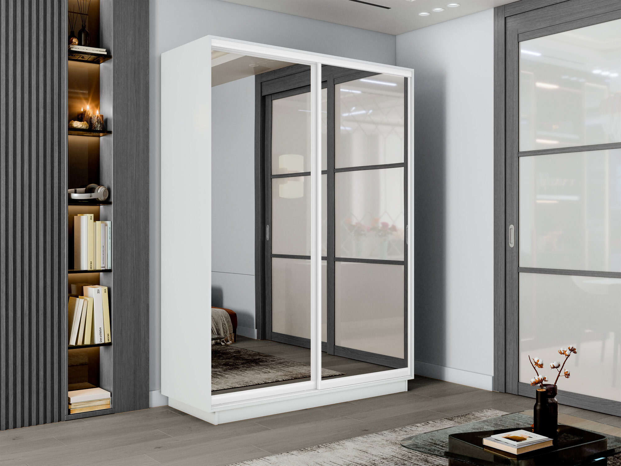 Шкаф купе Вилли 2-х дверный ЛДСП, зеркальные двери, профиль белый 140 см х 220 см х 60 см (Белый снег)