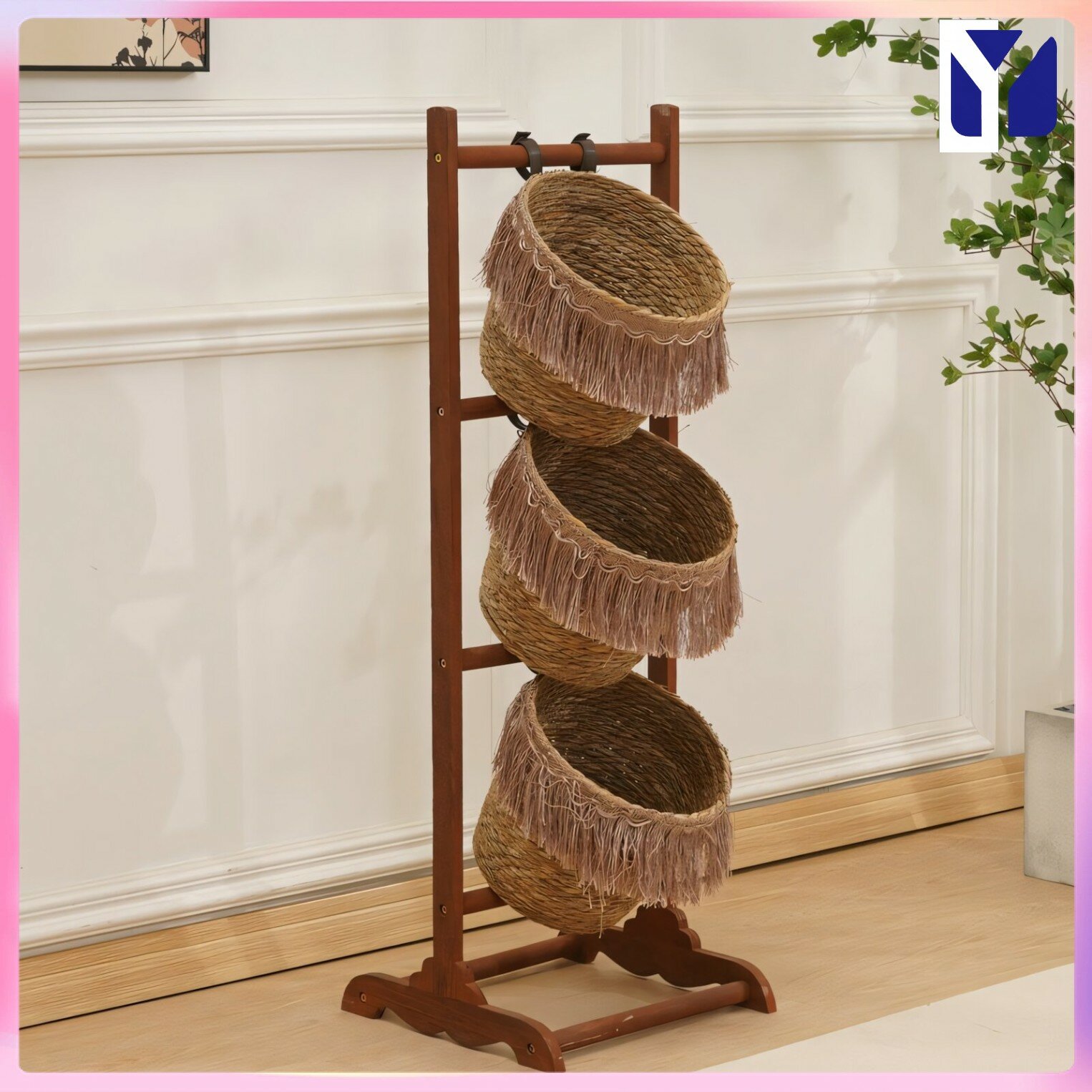 Деревянная этажерка с тремя корзинами из ротанга, цвет коричневый, 35*35*102 см